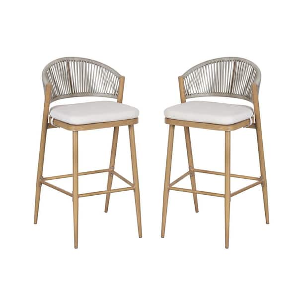2-Piece Brown Aluminum Outdoor Bar Stools w/ Gray Water-Resistant ...