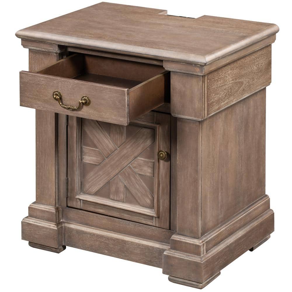 1-Drawer and Cabinet Brown Nightstand with USB Charging Ports(23.6"L x ...