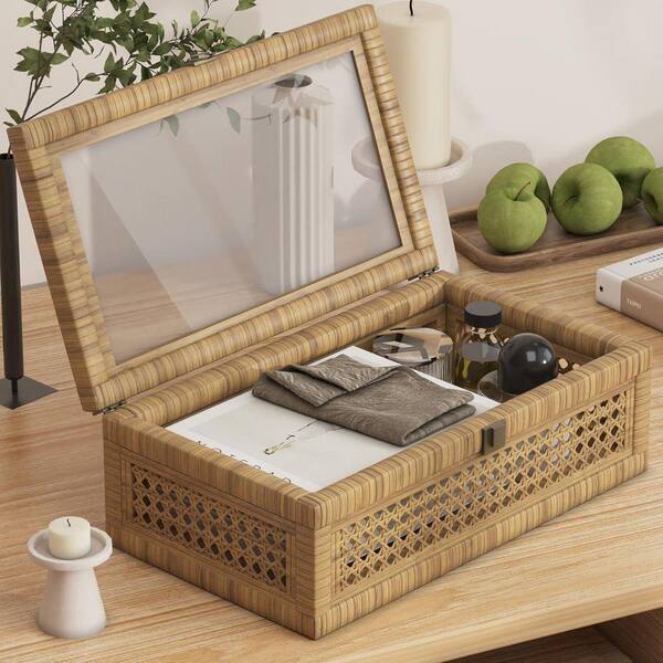 Beige 14.2 in. x 8.3 in. MDF Rattan Decorative Storage Boxes with Lids ...
