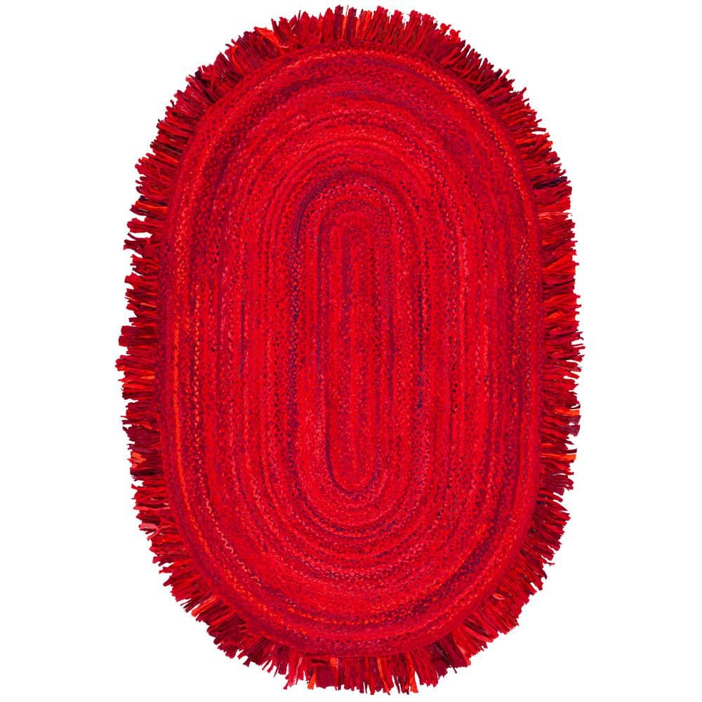 SAFAVIEH Braided Red 6 ft. x 9 ft. Abstract Striped Oval Area Rug ...