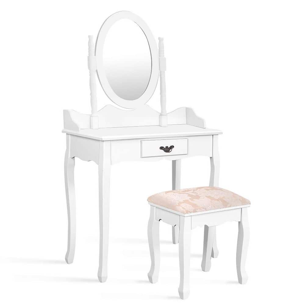 Gymax White Mirror Jewelry Desk Vanity Wood Makeup Dressing Table Stool ...
