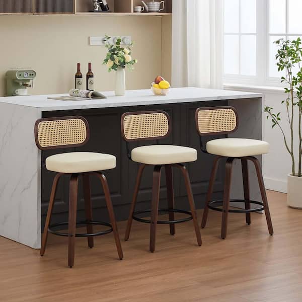 Beige PU Leather Upholstered Swivel Bar Stools Modern Counter Height ...