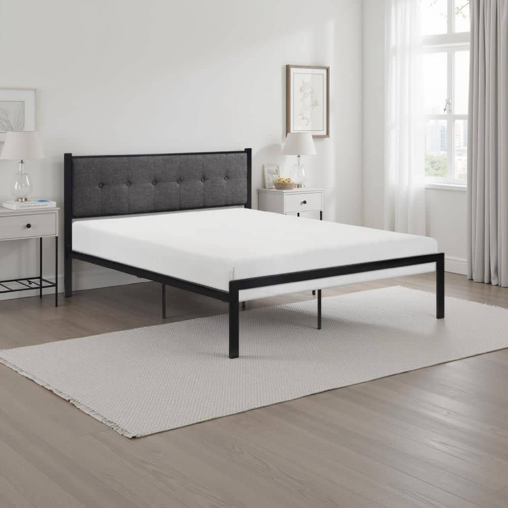 Benjara Sam Black Metal Frame Twin Size Platform Bed with Button Tufted ...
