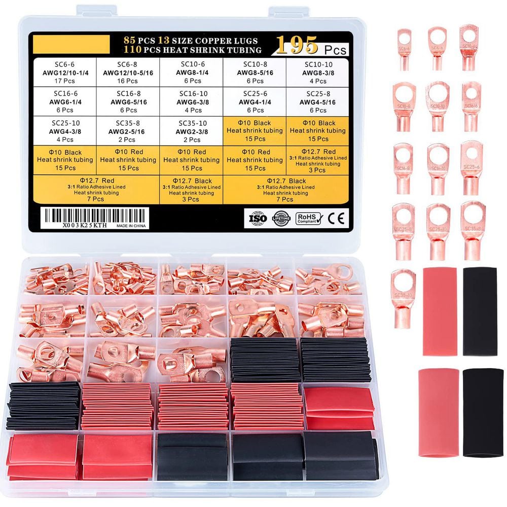 195 Pcs Copper Wire Lugs AWG 2 4 6 8 10 12 Ring Terminals with 110Pcs ...