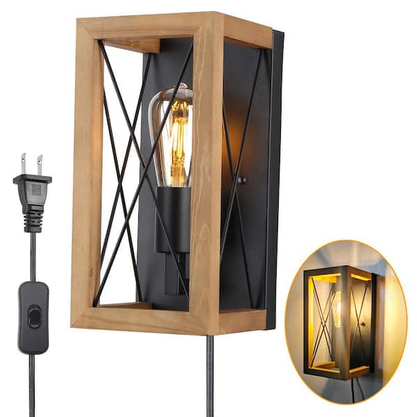 Zompoo 5.9 in. 1 Light Plug in E26 Black Wall Sconces with Wood Shade ...