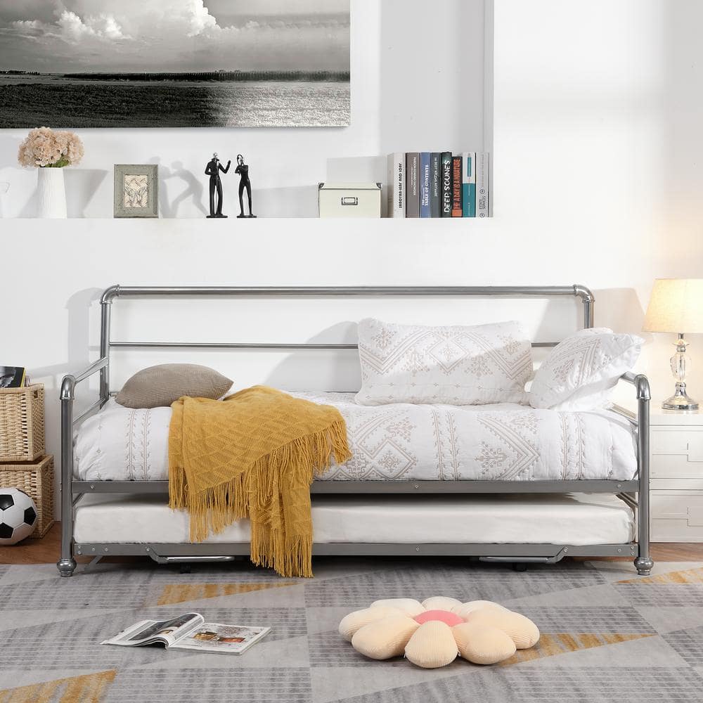 GHOUSE Silver Twin Size Metal Daybed with Adjustable Trundle ...