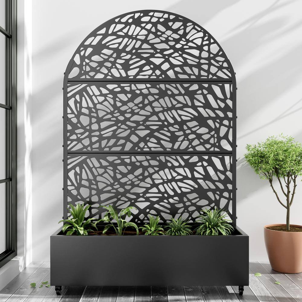 Lirago 72 in. x 47 in. Arched-Top Black Outdoor Metal Privacy Screen ...