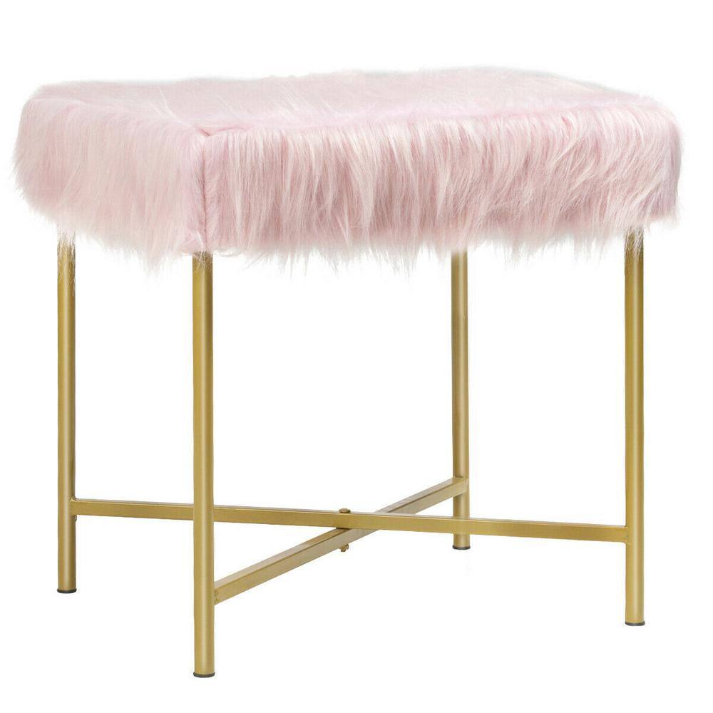 FORCLOVER Pink Faux Fur Ottoman Footrest Stool with Metal Legs W935 ...