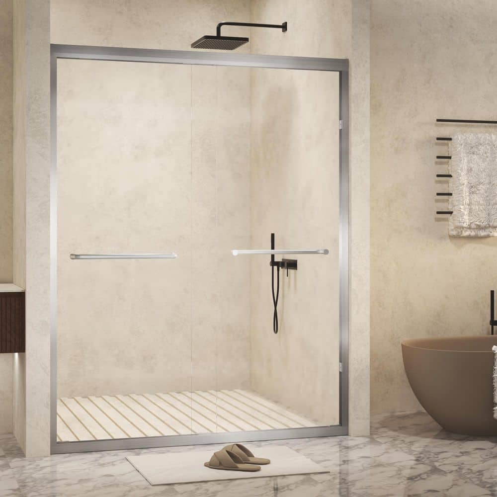 ANGELES HOME 56-60 in. W x 72 in.H Double Sliding Frame Shower Door in Brushed Nickel 6mm(1/4 in ...