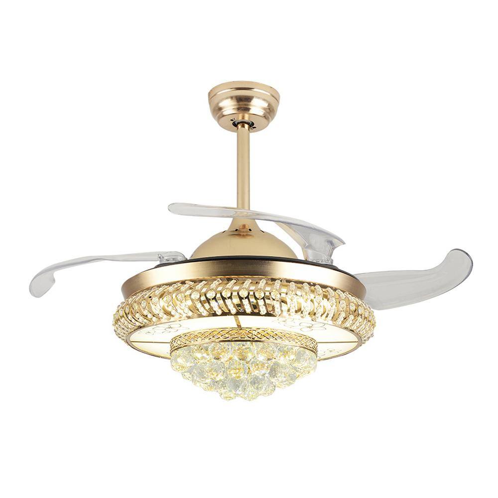 OUKANING 42 in. Gold Modern Luxury Crystal Indoor Integrated LED 3 ...