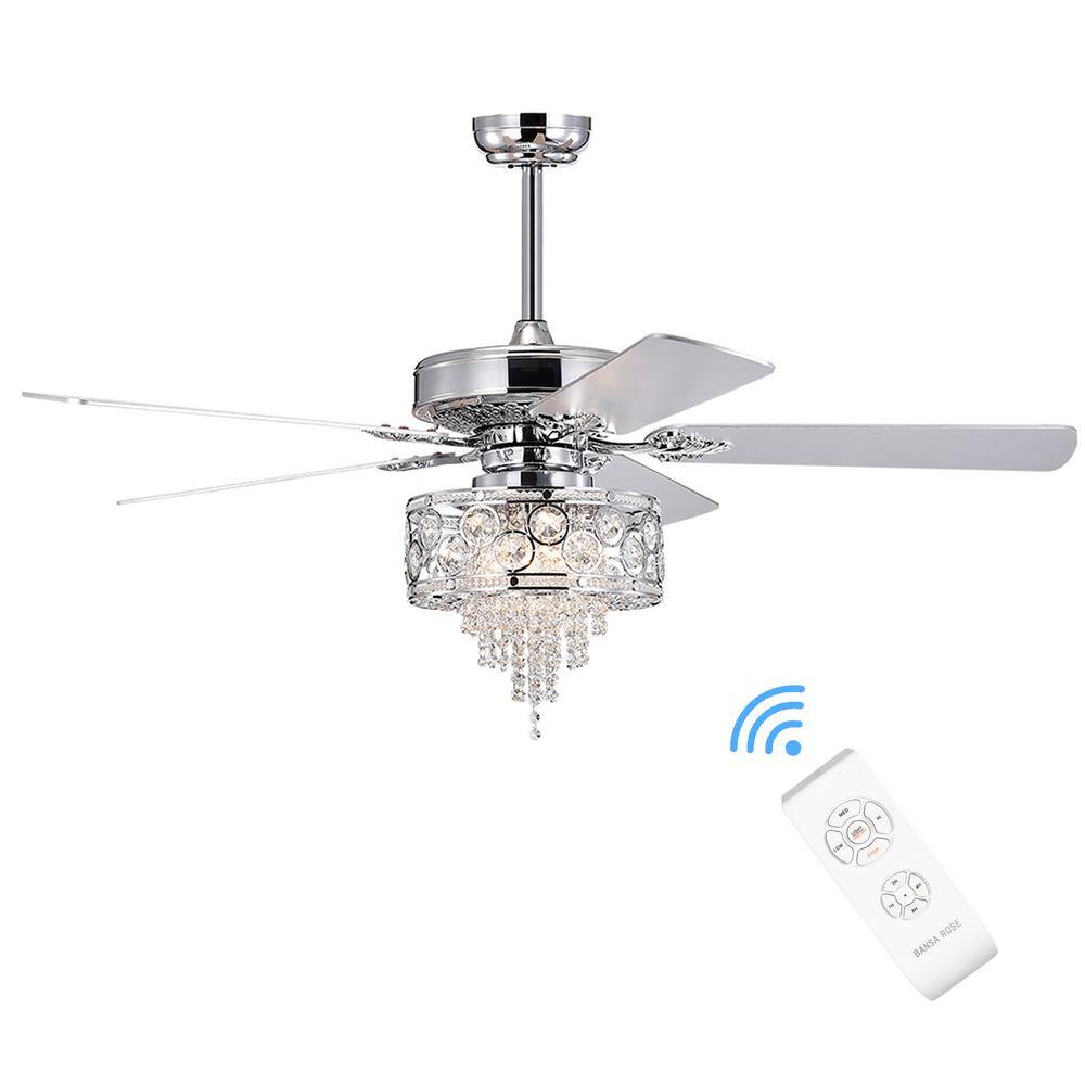 BANSA ROSE 52 in. Indoor/Outdoor Chrome Crystal Chandelier Ceiling Fan ...