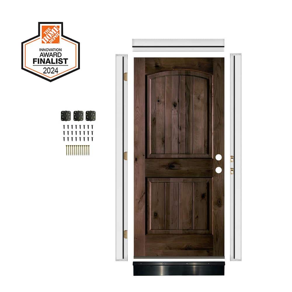 Krosswood Doors DIY 32 in. x 80 in. Knotty Alder Left-Hand Top Arch VG Black Stain Single Wood ...