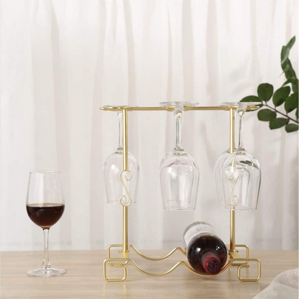Anqtovp Gold Freestanding Tabletop Wine Glass Rack for 2 Bottles with 6 ...