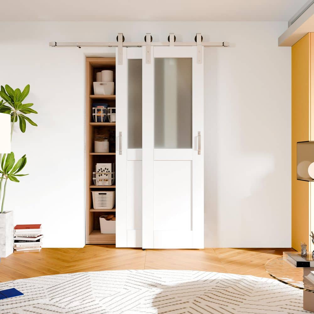 TENONER (Double 24) 48 in. x 80 in. Half Frosted Glass White Primed ...