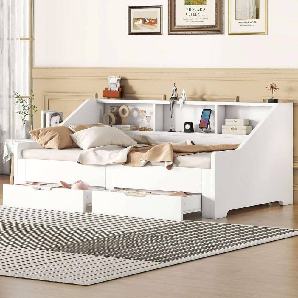 Polibi White Twin to King Size Daybed Frame with Storage Bookcases and ...