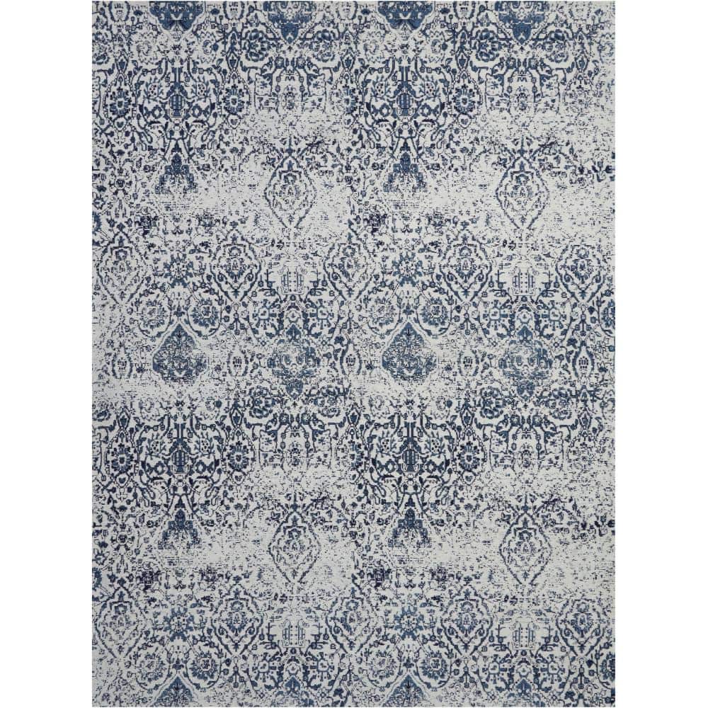 Nourison Damask Ivory/Navy 9 ft. x 12 ft. Oriental Vintage Area Rug ...