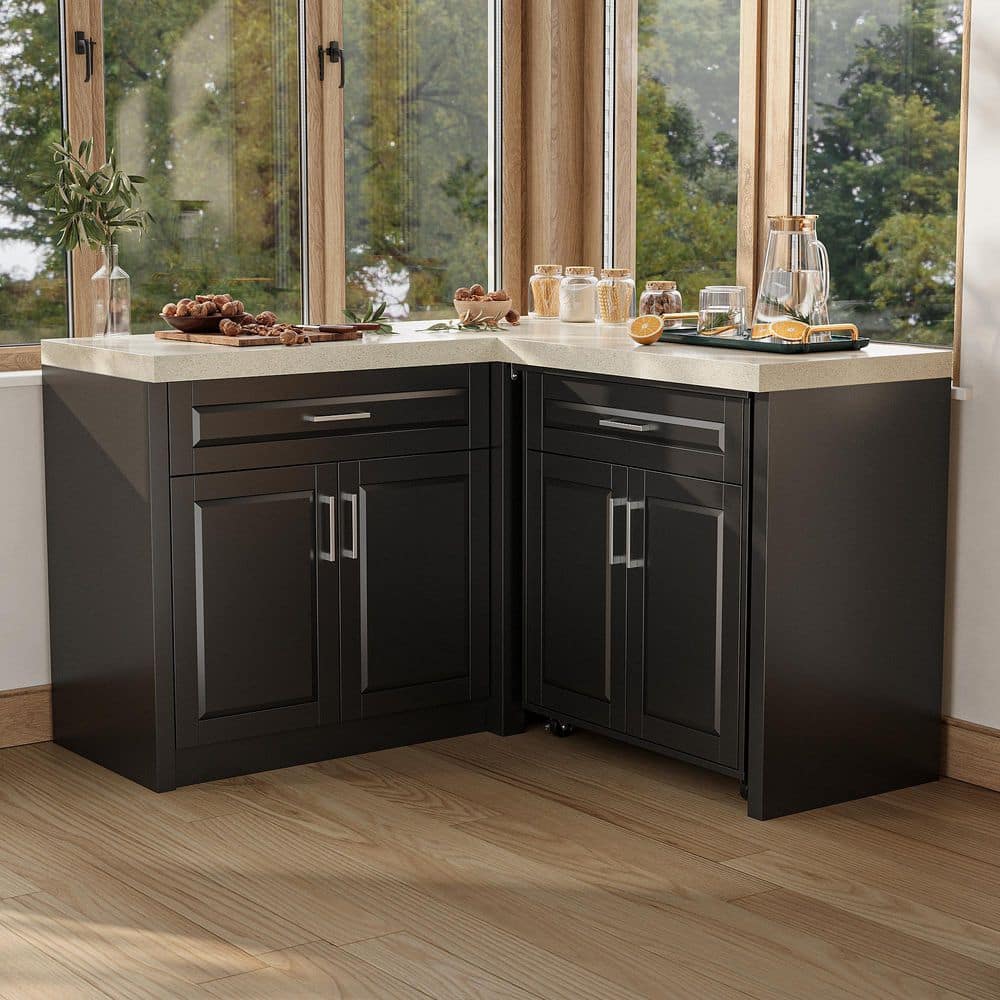 Homsee Black Marble-Look Wood Top 50.9 in. Buffets with Rolling Cabinet ...