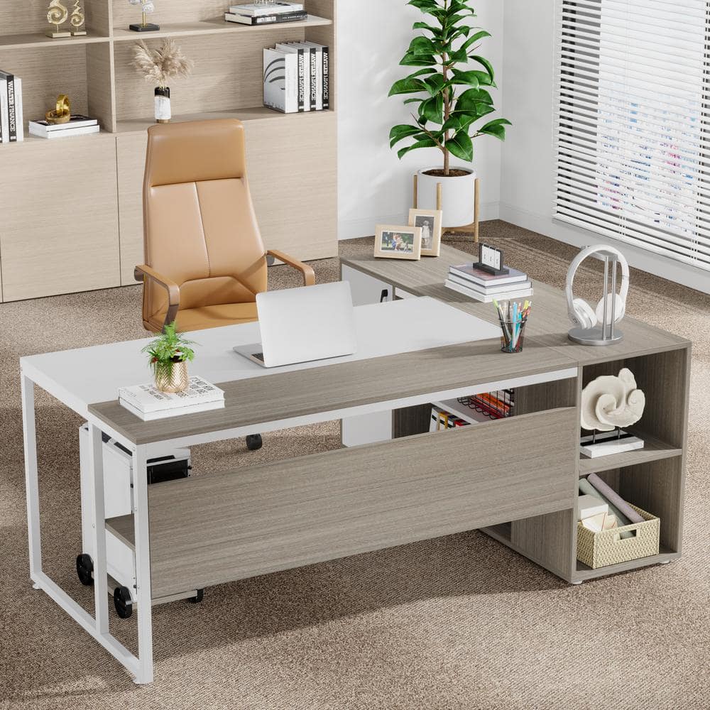 BYBLIGHT Lanita 71 in. L Shaped Gray Engineered Wood Executive Desk ...
