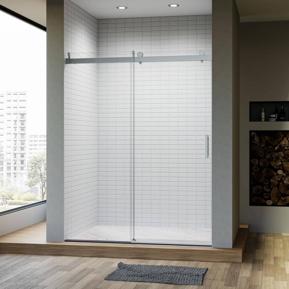 ANGELES HOME 56-60 in. W x 76 in. H Single Sliding Frameless Shower Door Soft-Close in Chrome ...