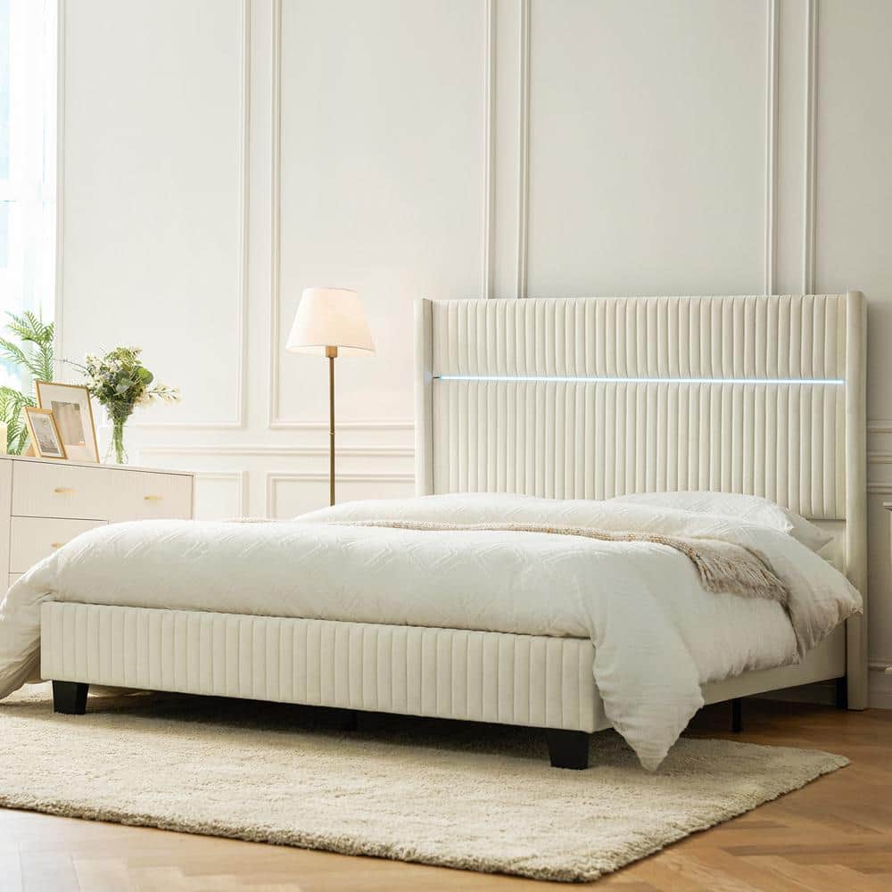 JAYDEN CREATION Marcos Beige 65 in. W Queen Platform Bed with Built-in LED Tube Lighting ...