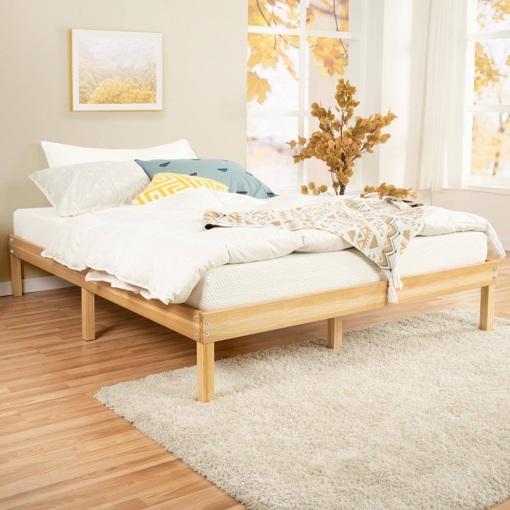 HOMESTOCK 14 in. Natural Queen Solid Wood Platform Bed with Wooden ...