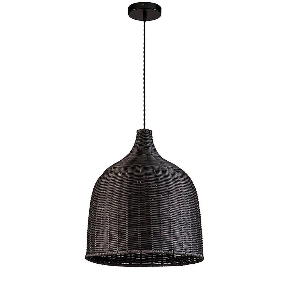 48-Watt 1 Light Black Round Shade Pendant Light with Rattan Shade, No ...