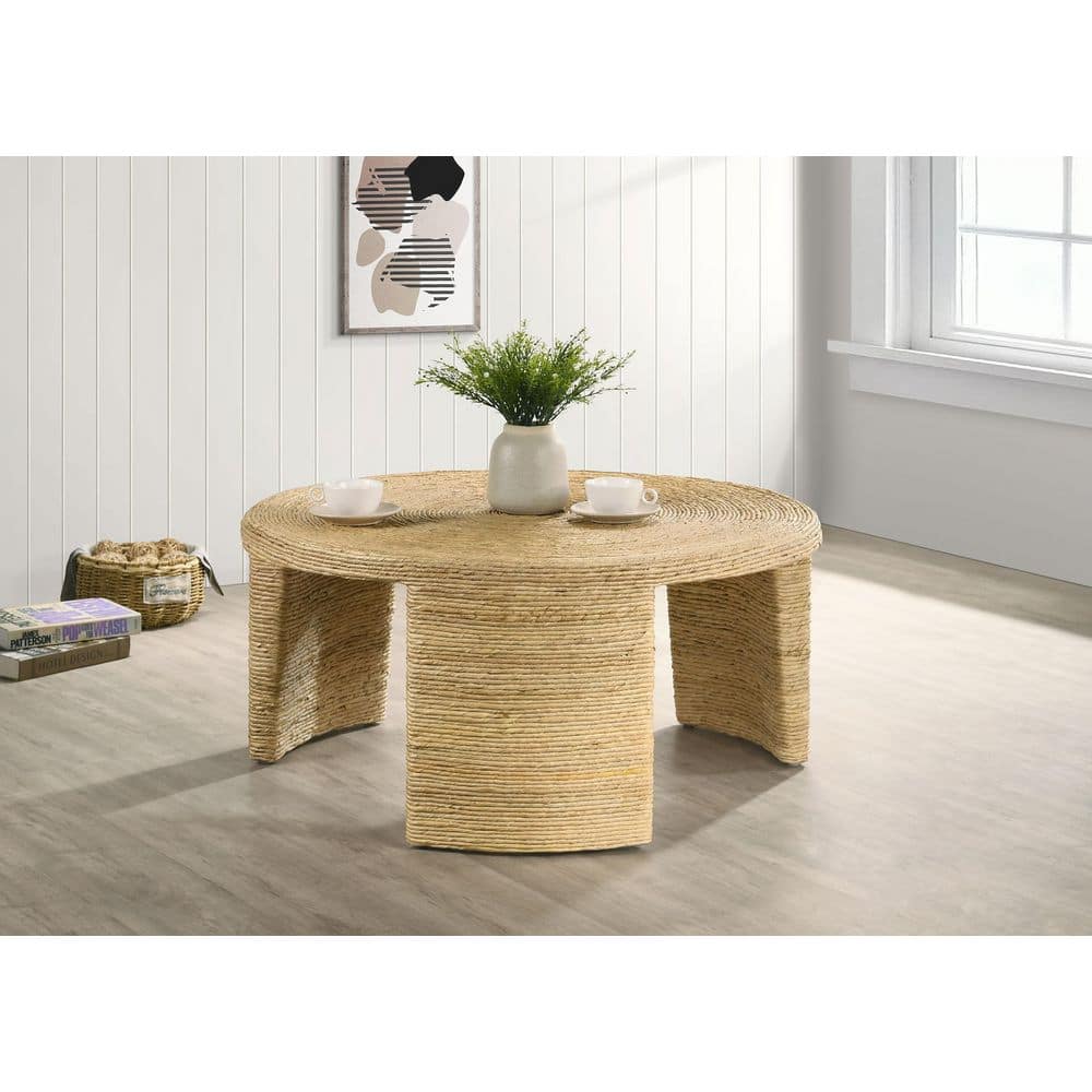 Coaster Artina 36 in. Natural Round Wood Rattan/Wicker Coffee Table ...