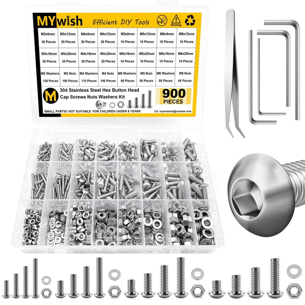 MYWISH 900-Piece Stainless Steel Button Head Hex Socket Screw Kit-M3 ...