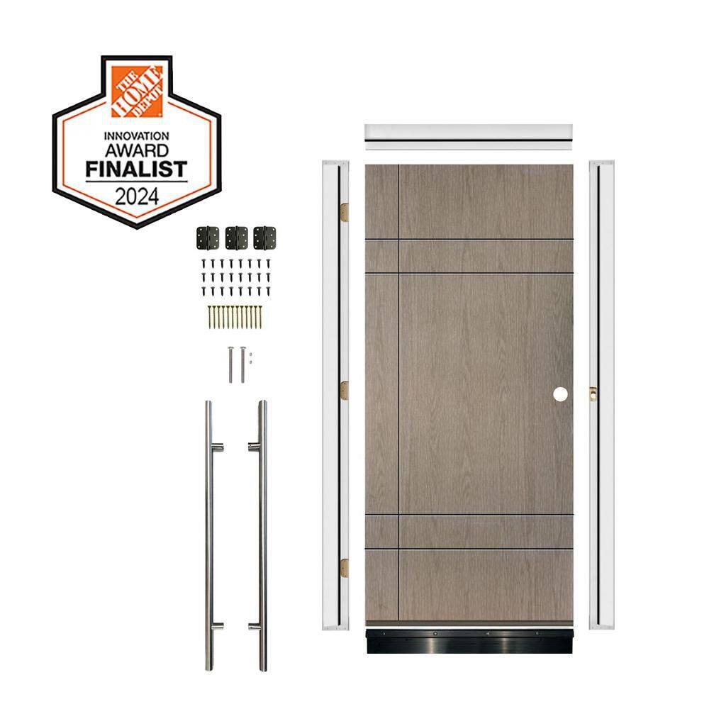 Faux Pivot 36 in. x 79 in. Left-Hand 10-Grid Oiled Leather Stain Fiberglass Front Door Kit w ...