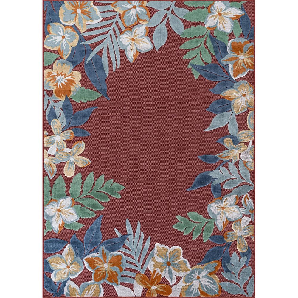 Beverly Rug Eden 8 ft. x 10 ft. Red Washable Border Floral Indoor ...