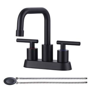 WOWOW 4 in. Centerset Double Handle Mid Arc Bathroom Faucet with Drain Kit Included in Matte ...
