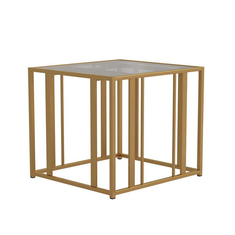 Benjara 26 in. Brass Rectangle Glass End Table with Tubular base ...