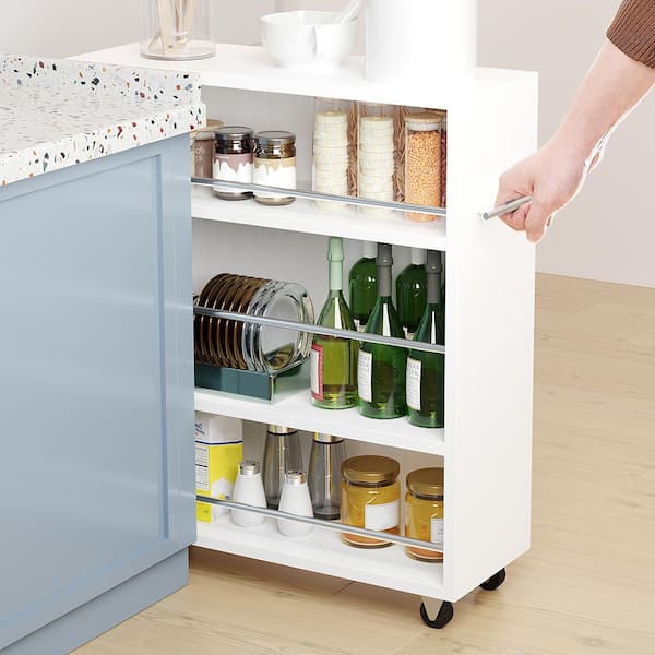 Wonline Movable Slim Storage Cart White Wooden Kitchen Cart with 3-Tier ...