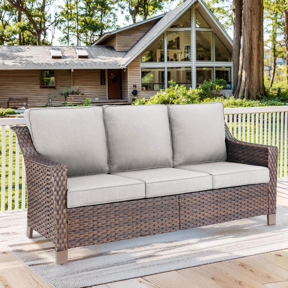 Opohoro Brown Wicker Outdoor Couch, Rattan Wicker 3-Seat Sofa High Back ...