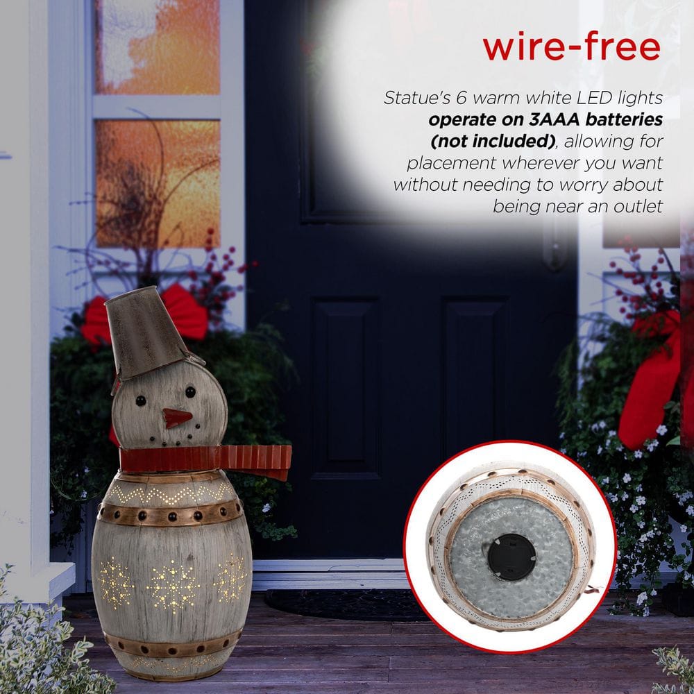Buy 30 in. Tall Weathered Barrel Snowman With Warm White LED Lights ...