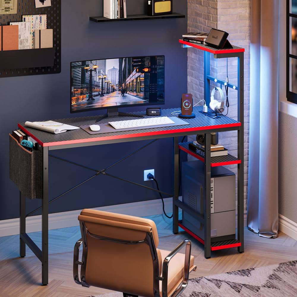 Bestier 44 in. Rectangular Black Carbon Fiber LED Gaming Desk with 4 ...