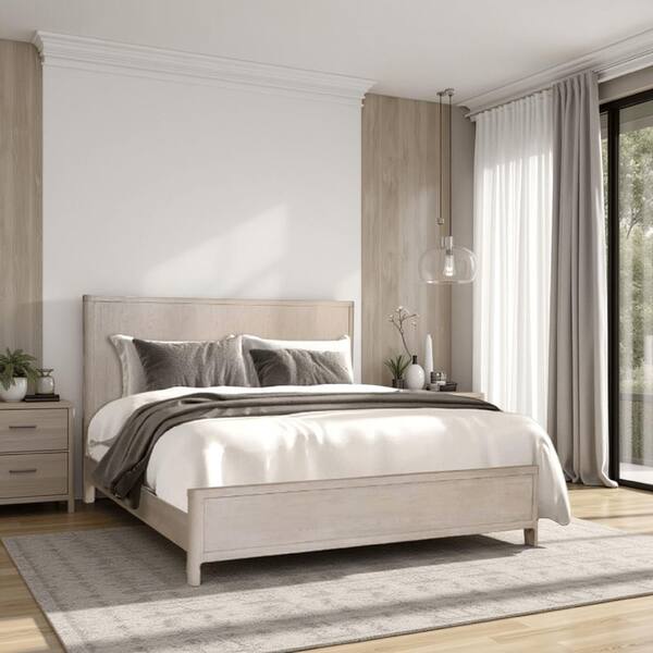 Benjara Reham Light White Wash Oak Brown Wood Frame Queen Size Panel ...