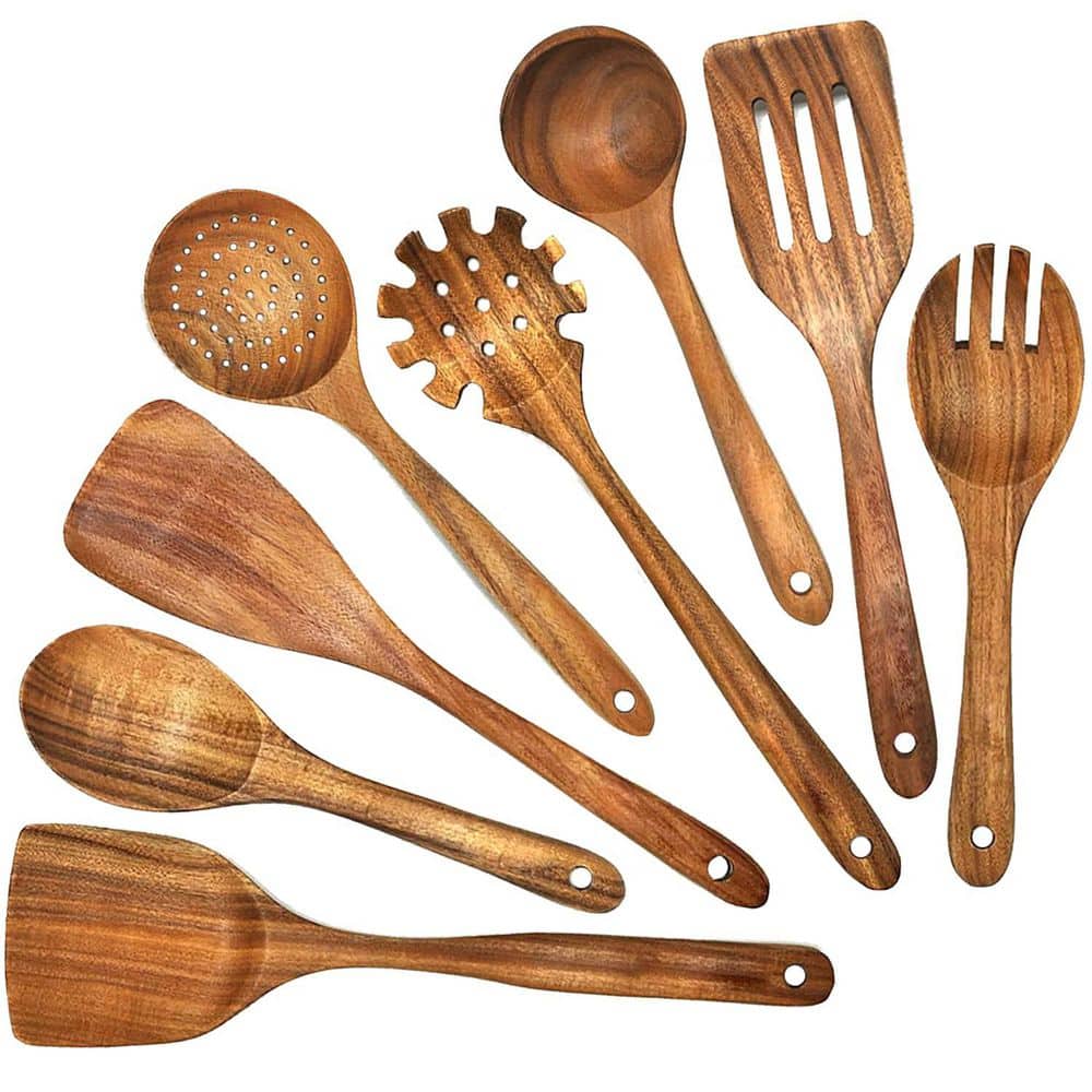 Natural Teak Wood Finish Cooking Utensils Set Nonstick Safe Smooth ...