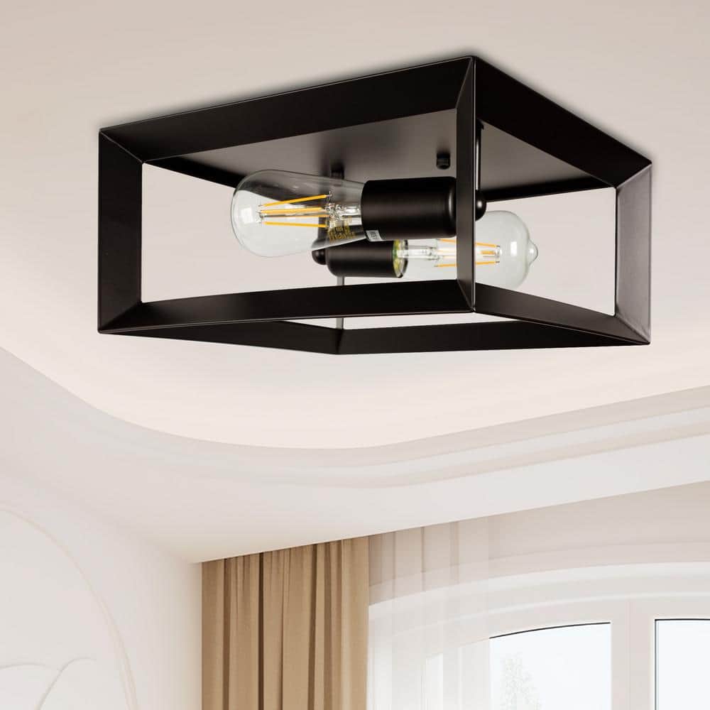 YANSUN 11 in. 2-Light Black Farmhouse Caged Square Flush Mount Industrial Vintage Ceiling ...
