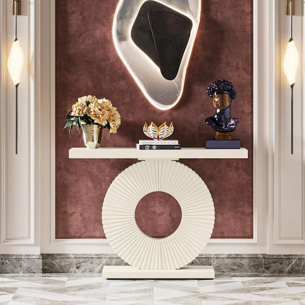 39.37 in. White Rectangle Engineered Wood Modern Console Table with Geometric Base for Living Room Entryway Hallway
