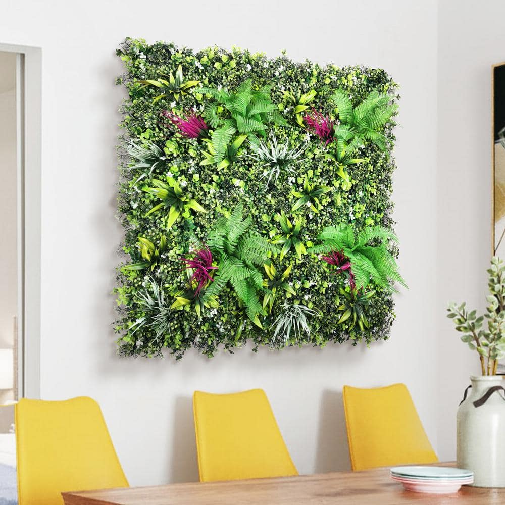 LIVING LUXURY 40 in. x 40 in. Large Artificial Fern Grass Mixed Leaf Greenery Wall Panel Hedge ...