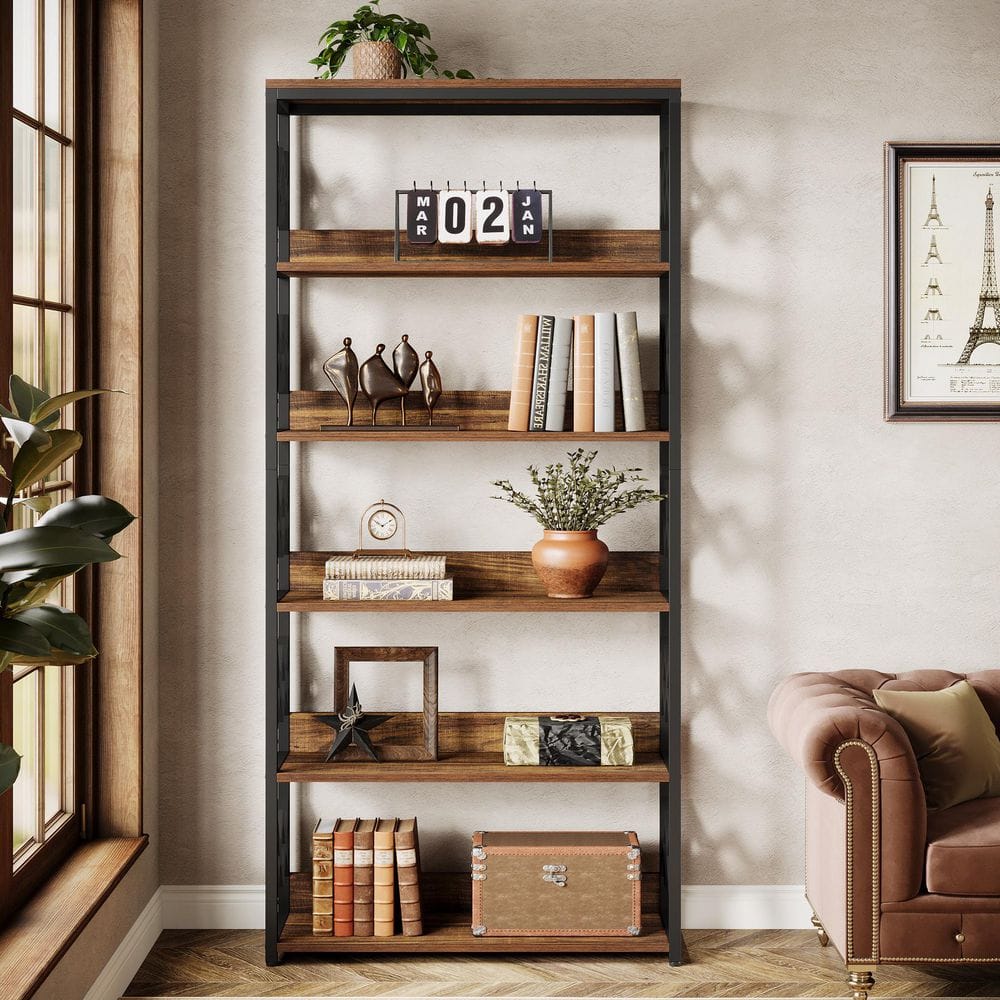 BYBLIGHT Eulas 70.87 in. Tall Brown Black Wood 6-Shelf Etagere Bookcase ...