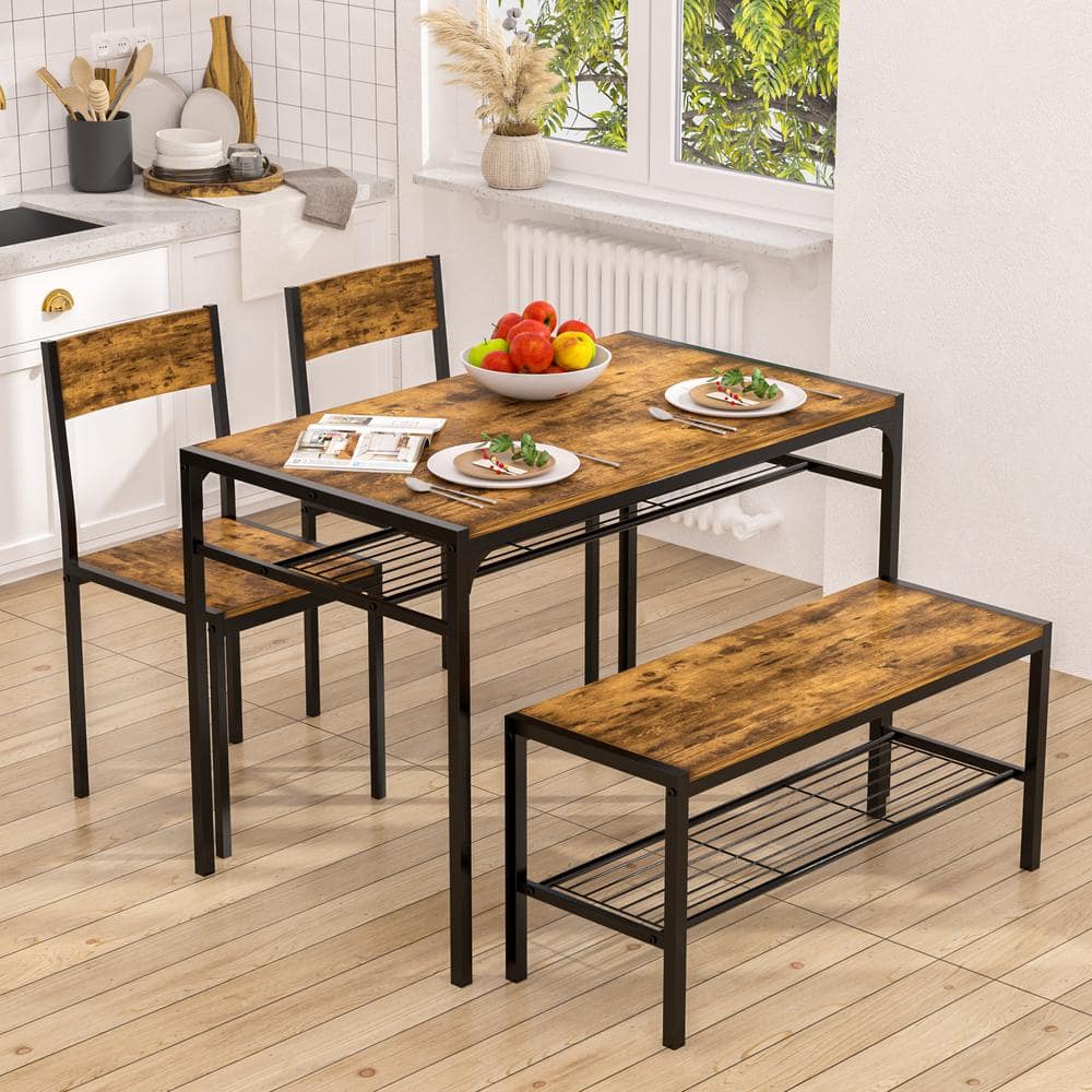 VECELO 43.3 in. Brown Dining Table Set for 4 w/ Bench & 2-Chairs Modern ...