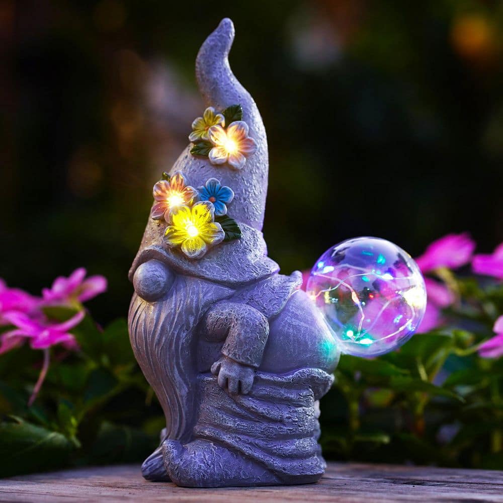 Goodeco 9 in. Gray Resin Solar Gnome Statue for Garden Decor-Outdoor ...