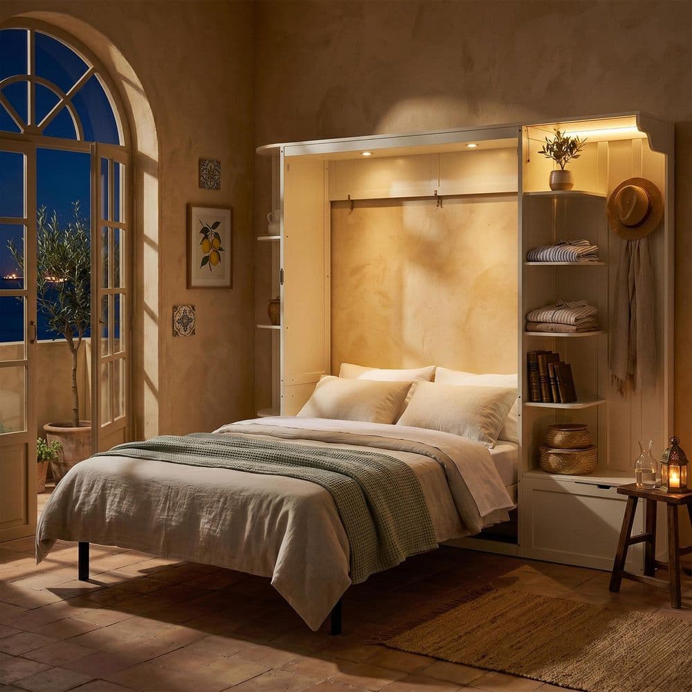 Harper & Bright Designs White Wood Frame Queen Size Murphy Bed with ...
