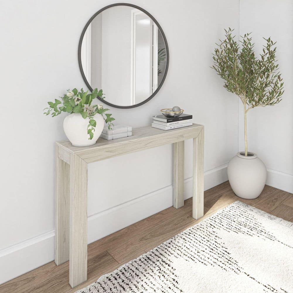 PLANK+BEAM Modern 46 in. White Sand Wirebrush Rectangle Wood Console ...