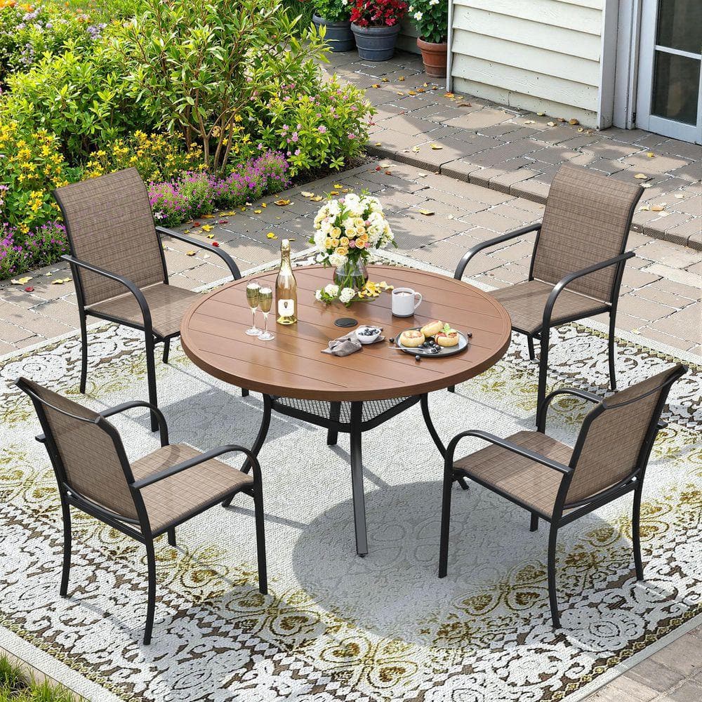 vicllax 5-Piece Metal Outdoor Dining Set with Walnut Round Table and 4 ...