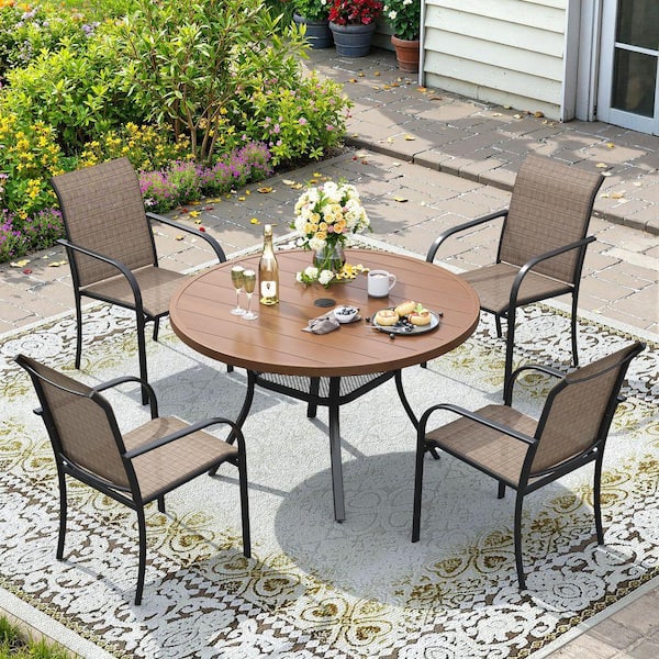 vicllax 5-Piece Metal Outdoor Dining Set with Walnut Round Table and 4 ...