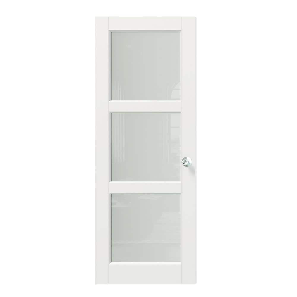 TENONER 30 in. x 80 in. MDF Wood, Primed, White, 3-Lite, Frosted Glass ...