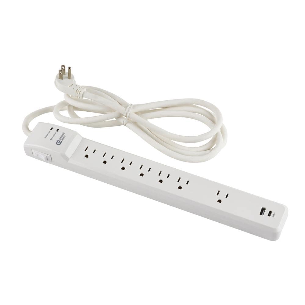 Commercial Electric CE 8 ft. 7-Outlet Surge Protector with USB White FS ...